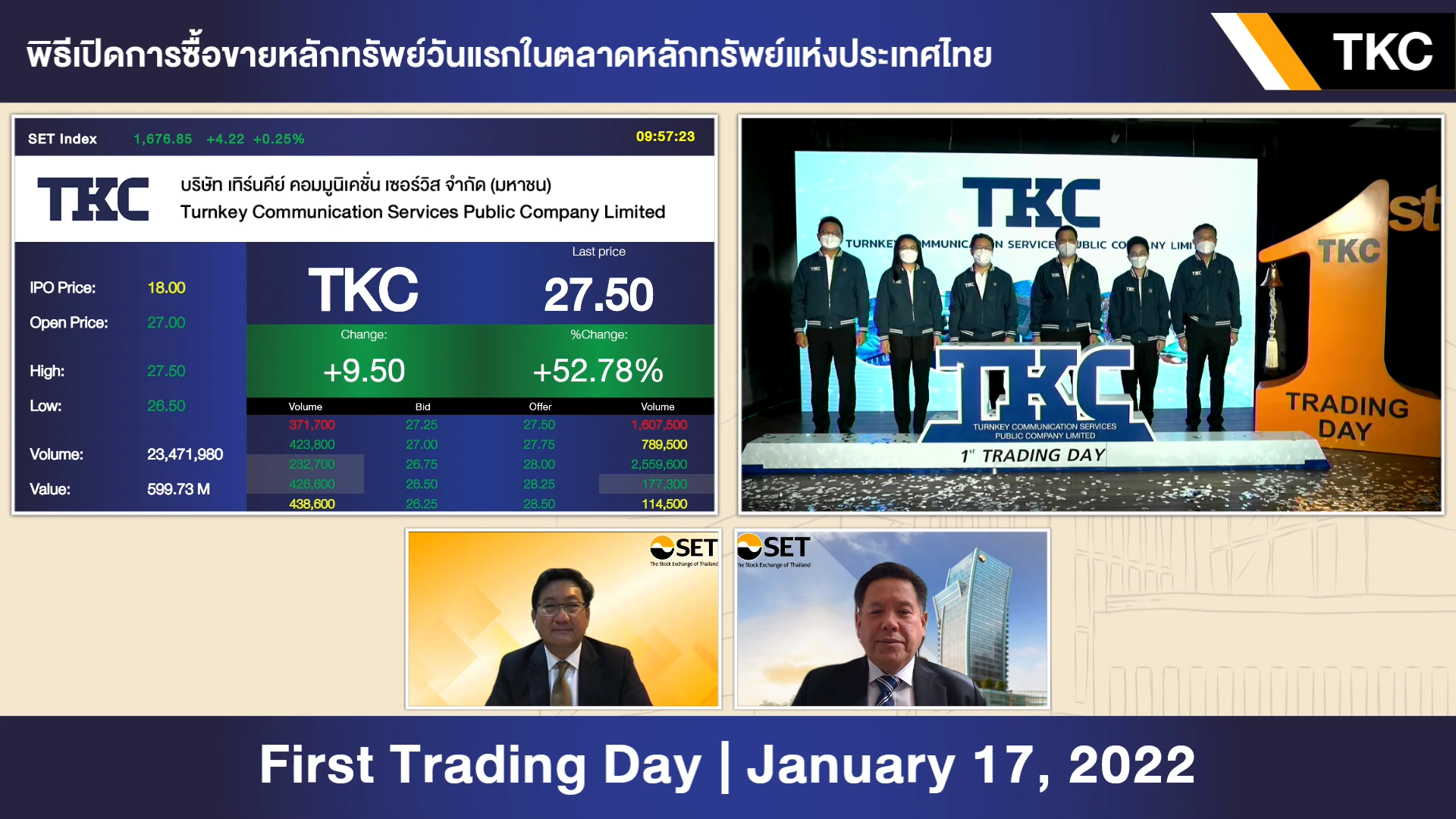 ตลาดหลักทรัพย์ฯ ต้อนรับ บมจ. เทิร์นคีย์ คอมมูนิเคชั่น เซอร์วิส (TKC) เริ่มซื้อขาย 17 ม.ค. นี้ ...